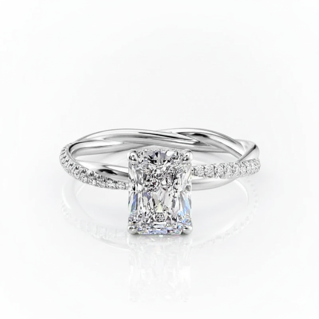 Radiant Cut Moissanite Engagement Twisted Shoulder Set Ring With Hidde