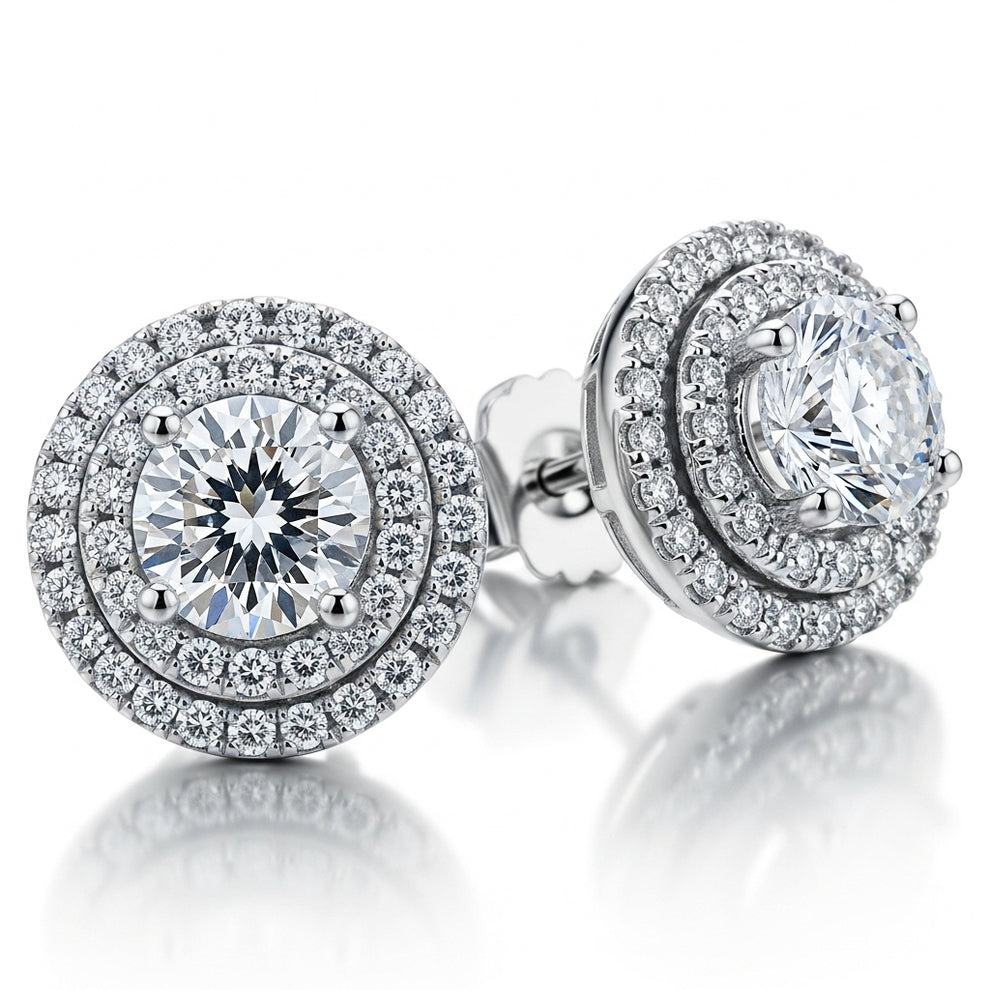 Round-Cut Moissanite Stud Earrings Double Halo Style